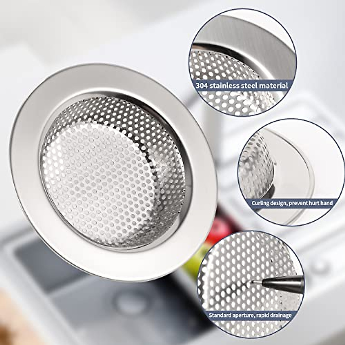 RQYEKDO Polished Kitchen Sink Strainers Sink Stopper Kits, Stainless Steel Sink Drain Strainer Set,Large Wide Rim 4.5" Diameter Food Catcher Garbage Disposal Plug for Most Sink Drains Basket Filter
