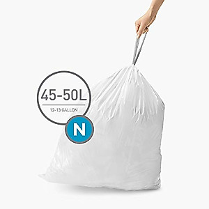 simplehuman 45 Liter / 12 Gallon Slim Hands-Free Kitchen Step Trash Can, Brushed with Plastic Lid & CW0262 3 x paquete de 20 bolsas de basura a medida (60 bolsas), código N, plástico Blanco