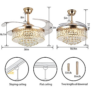 Panghuhu88 36" Invisible Ceiling Fan Chandelier Light,Modern Crystal Ceiling Fan Light Remote Control 4 Retractable ABS Blades for Bedroom Living Room Dining Room Decoration (Gold)