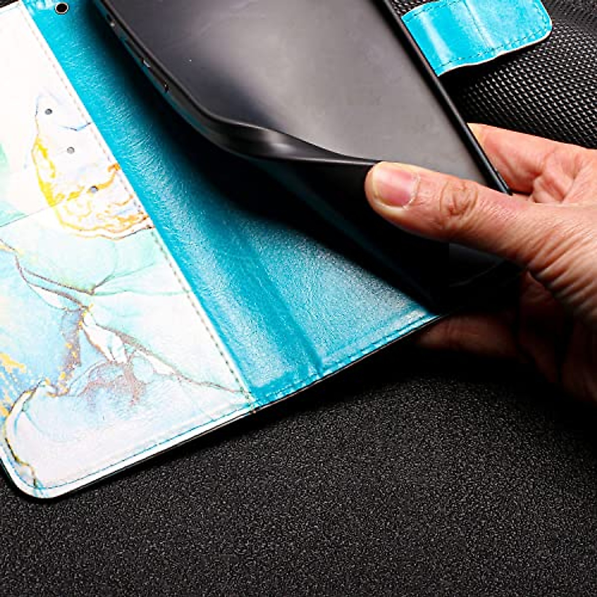 Phone Case Oppo A17 Green Marble Leather Wallet Flip Cases Cover with Credit Card Holder for Women with Long Crossbody Lanyard and Hand Strap