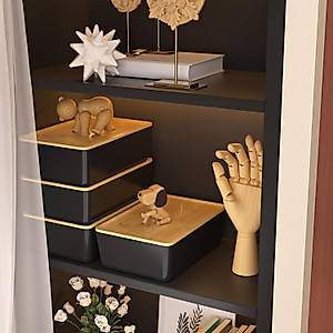 CHANCETSUI Stackable Storage Bins lids For Work: 7X10 Black Storage bins, Office Desk Accessories Storage Containers with Lids, Stackable Bins for Home and Office Organization, bamboo Lid, 2 Pack