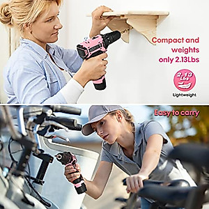 SHALL 222-Piece Pink Drill Driver and Home Tool Set, 12V Electric Drill Combo Kit, 3/8" Keyless Chuck, 12" Wide Mouth Open Tool Bag, for Drilling Wood/Metal, Women DIY Projects