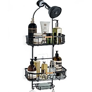 Gronda Shower Caddy Hanging Over Shower Head, Rustproof Anti-Slip Anti-Swing Black Shower Head Caddy Hanging for Inside Shower with Hooks and Adhesives