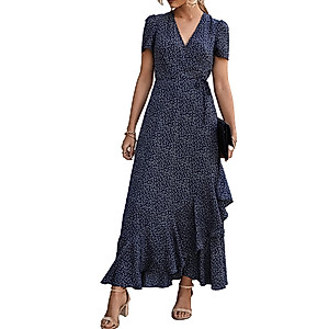 PRETTYGARDEN Women's Summer Wrap Maxi Dress Casual Boho Floral V Neck Short Sleeve Ruffle Hem Split Beach Long Dresses (Blue,X-Large)