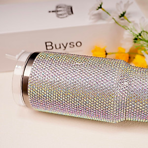 Buyso 40 Oz Bling Tumbler With Handle Rhinestones Tumbler With Lid and Straw Fix for Car Cup Holder Insulated Stainless Steel Double Wall Water Cup Travel Mug Tumblr For Women (40 oz, Shiny)