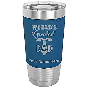 LaserGram 20oz Vacuum Insulated Tumbler Mug, World's Greatest Dad, Personalized Engraving Included (Faux Leather, Blue)