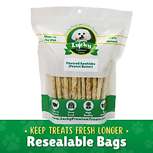 Lucky Premium Treats Peanut Butter Basted Rawhide – All-Natural Rawhide and Peanut Butter Dog Treats for Small Dogs, Gluten Free Premium Small Breed Dog Treats (25 Chews)