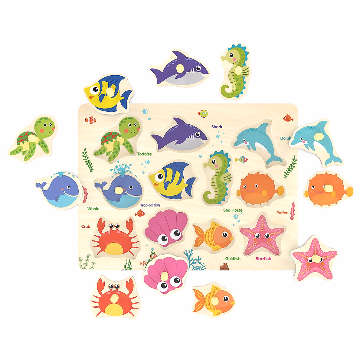 Wooden Peg Puzzle, Sea Creature Chunky Baby Puzzles, Colorful Wood Shape Puzzle Peg Board, Animal Knob Puzzle for Educational Toddlers 18 Months and Up, 11 Pieces