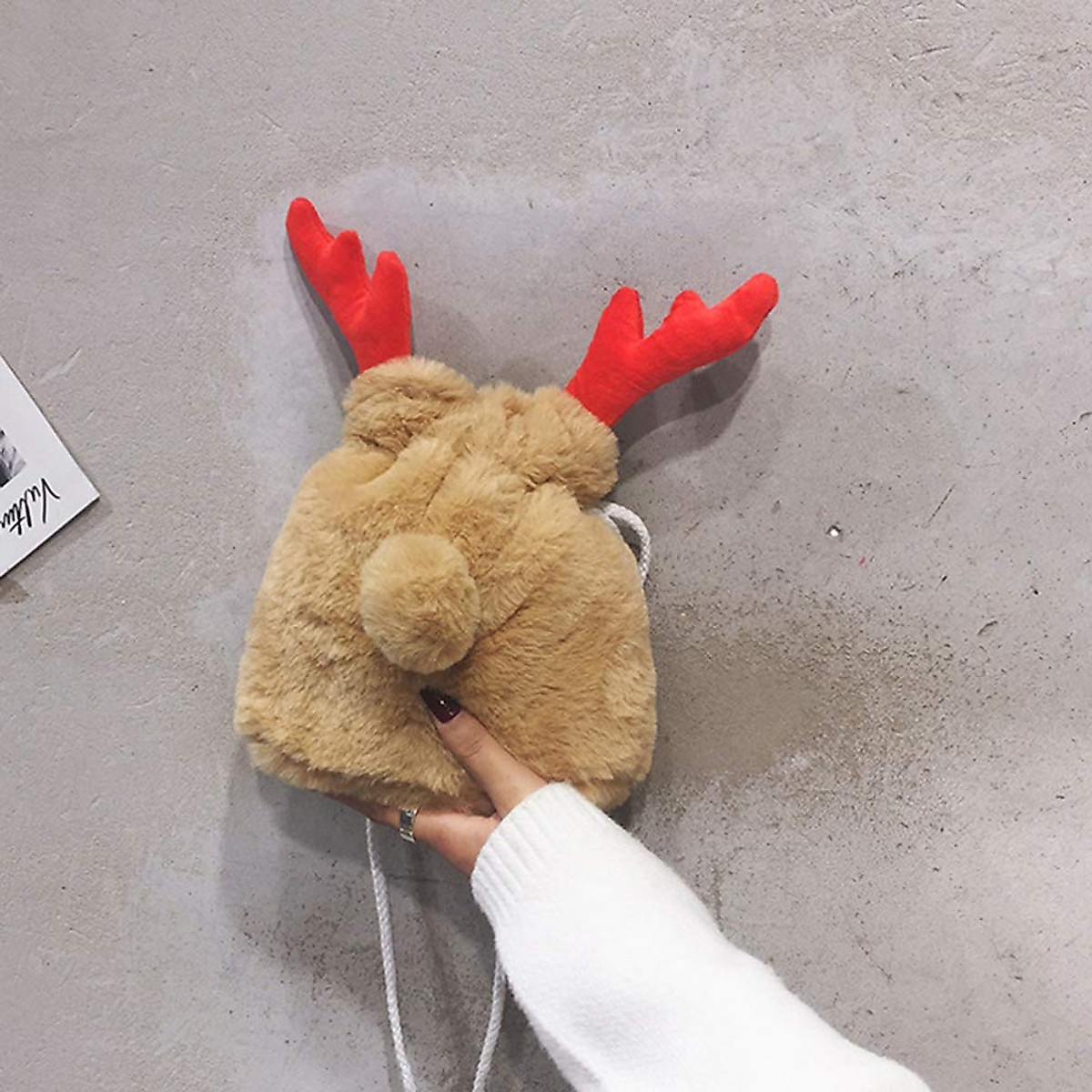 TENDYCOCO Crossbody Bag Faux Fur Purse Reindeer Antler Shoulder Bag Drawstring Bucket Purse for Women Girls