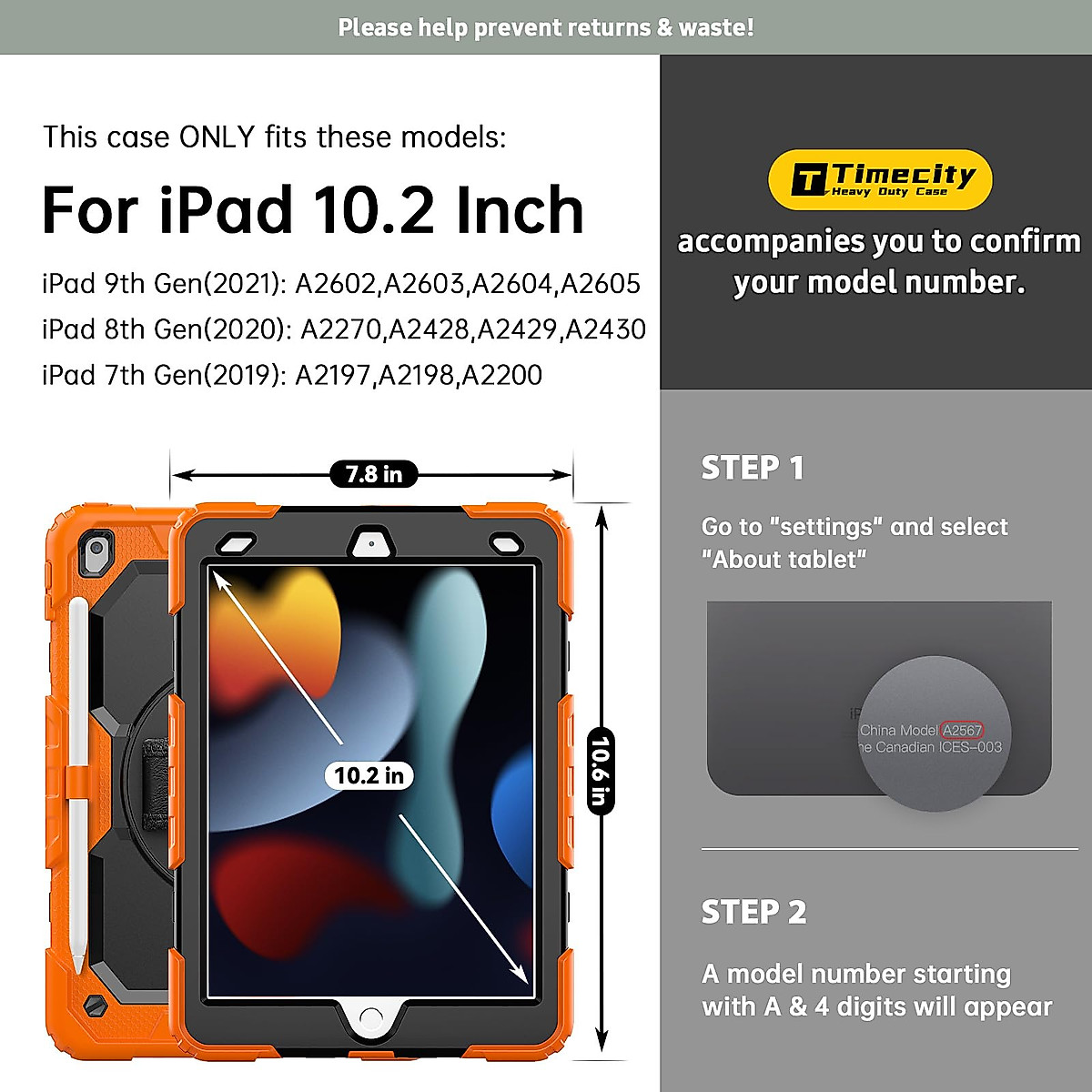 Timecity Case for iPad 9th/ 8th/ 7th Generation 10.2 inch - Heavy Duty Protective Cover with Screen Protector, Rotating Stand, Shoulder Strap & Pencil Holder | Kids-Friendly (Orange)