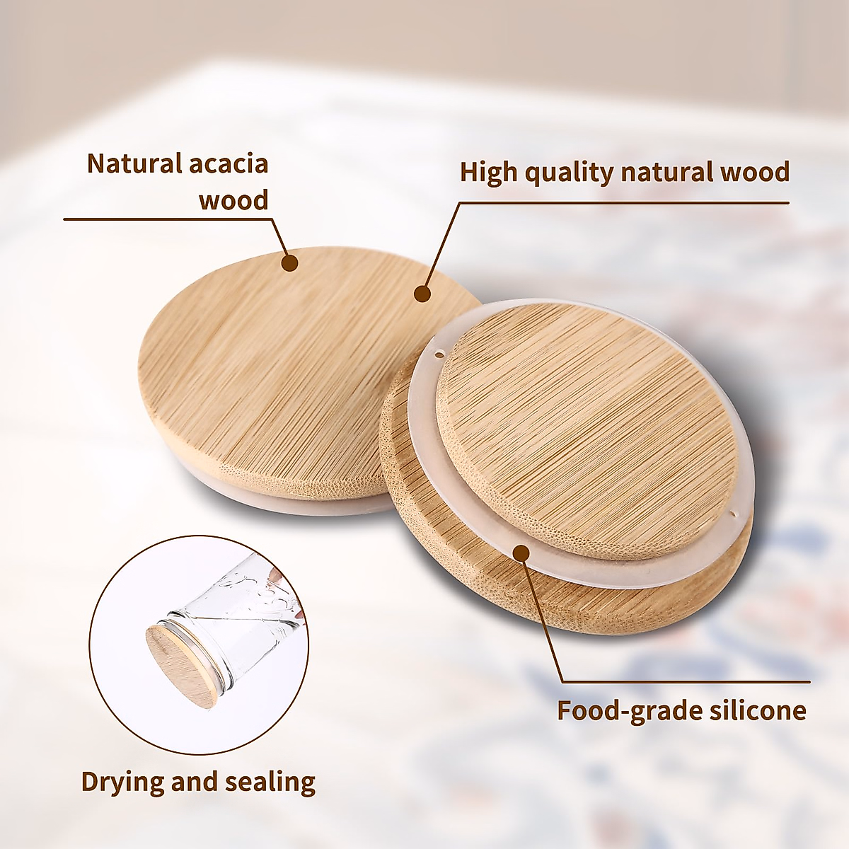 Mason Jar Lids - Reusable canning lids Bamboo mason jar Lids, Food Grade Material Silicone Sealing, 100% Fit & Airtight for Regular Mouth Mason Jars (6PCS Regular Lids, Bamboo)