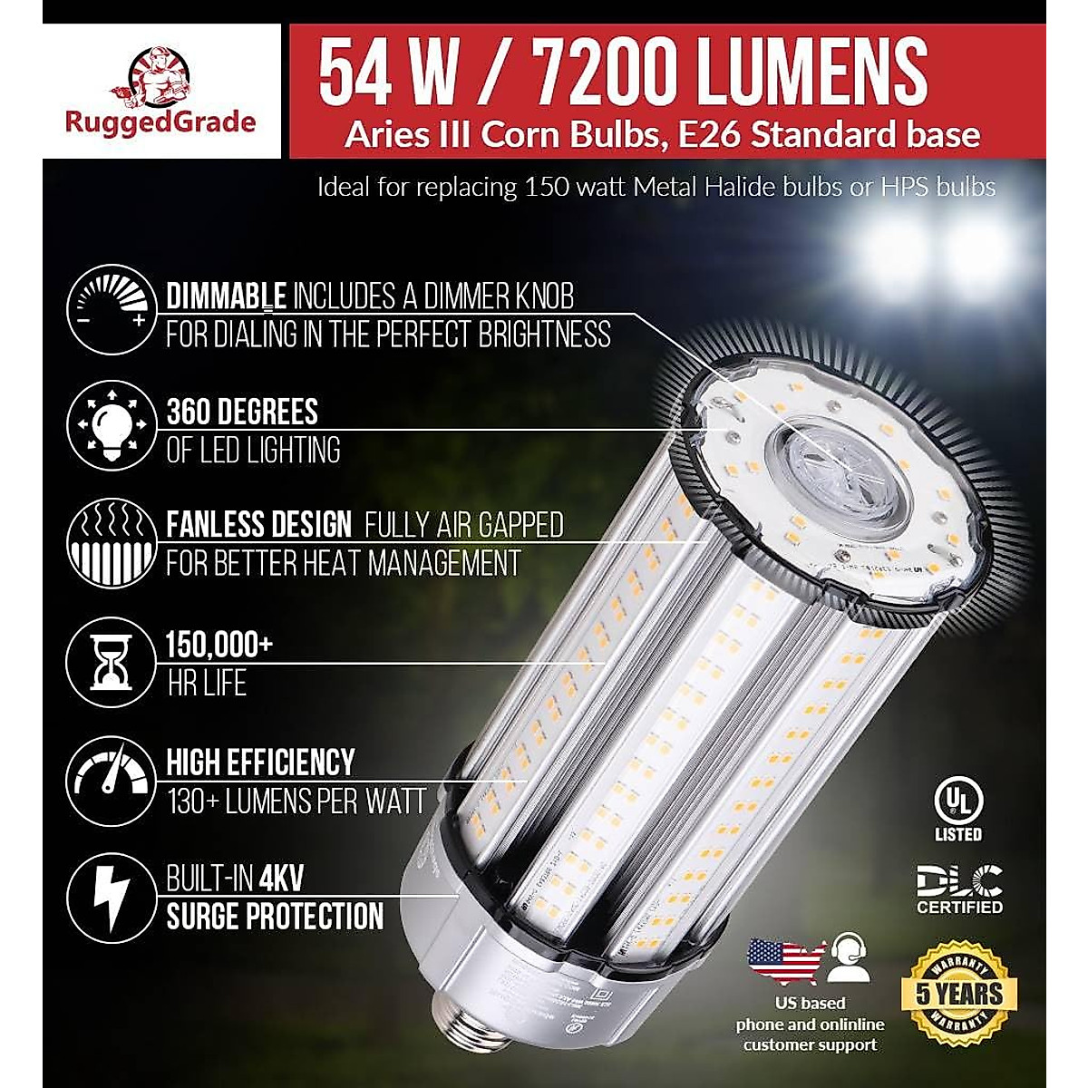 54 Watt LED Corn Bulb -Aries III Series - 7,200 Lumens -5000K - E26 Standard Base - Built-in 4KV Surge-Dimmable