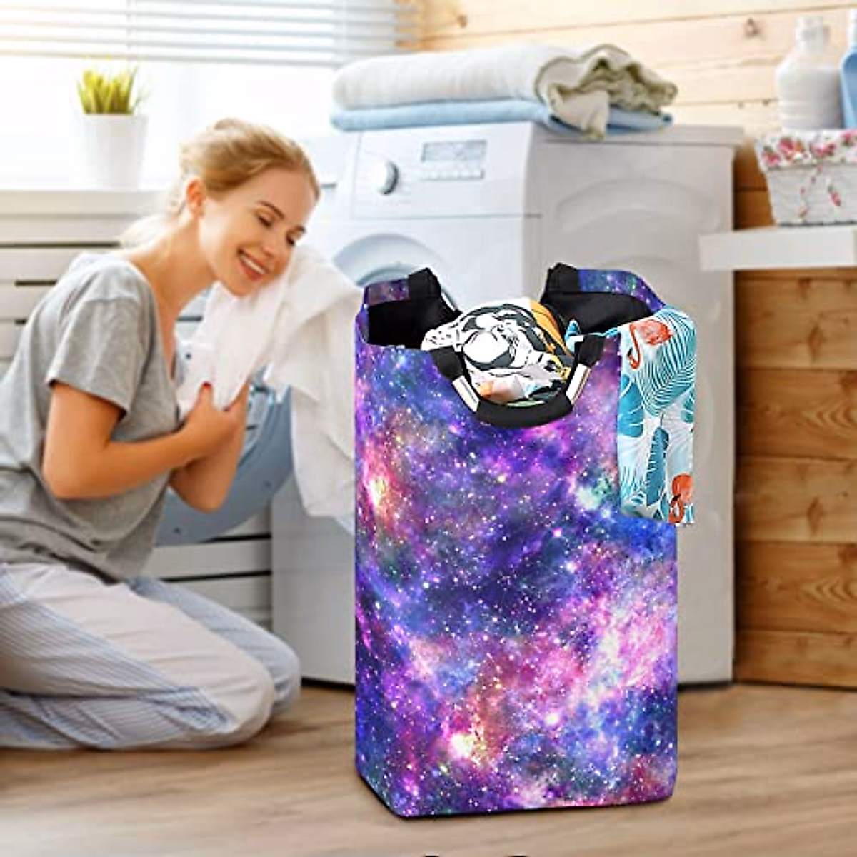 Moudou Purple Galaxy Laundry Basket Foldable Laundry Hamper Large Clothes Toys Basket with Handles for Laundry Room, Bathroom, Bedroom, Dorm