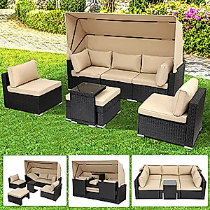 LEISU 7 Pieces Patio Furniture Sets, Outdoor Daybed with Canopy Adjustable Backrest, Sectional Seating with Washable Cushions Rectangle Sunbed for Backyard Garden Poolside (Khaki)