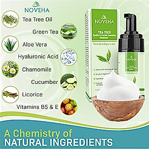 NOVEHA Tea Tree Oil Foaming Cleanser | Therapeutic Daily Skincare For Eyelash & lids, MGD, Eye Irritations, Stye Eyes, Skin Dryness, Moisturize with Organic Ingredients, For All Skin Types 3.38 Fl Oz