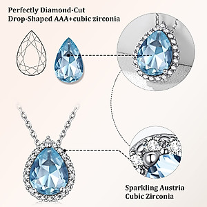 Bestyle 925 Sterling Silver Love Teardrop Cubic Zirconia Necklaces March Aquamarine Birthstone Crystal Pendant for Women, Hypoallergenic Necklaces for Sensitive Skin
