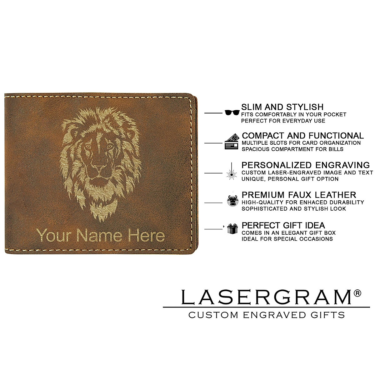 LaserGram Faux Leather Bi-Fold Wallet, Baseball Ball, Personalized Engraving Included (Rustic with Gold)