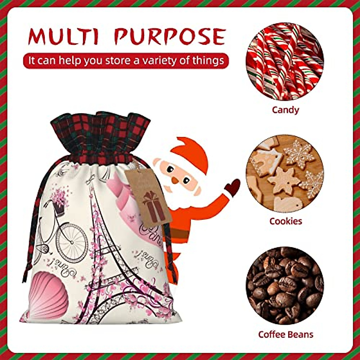 Allgobee Christmas Drawstring Gift Bags Romantic-Paris-Eiffel-Tower Buffalo Plaid Drawstring Bag Party Favors Bags