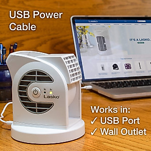 Lasko MyCool D300 Mini USB Desk Fan with 40in. USB Cable and Bonus AC Adapter – Small Quiet Portable Personal 2-Speed Fans for Staying Cool at Home, Work, Office, Dorm, Car, and Travel, White