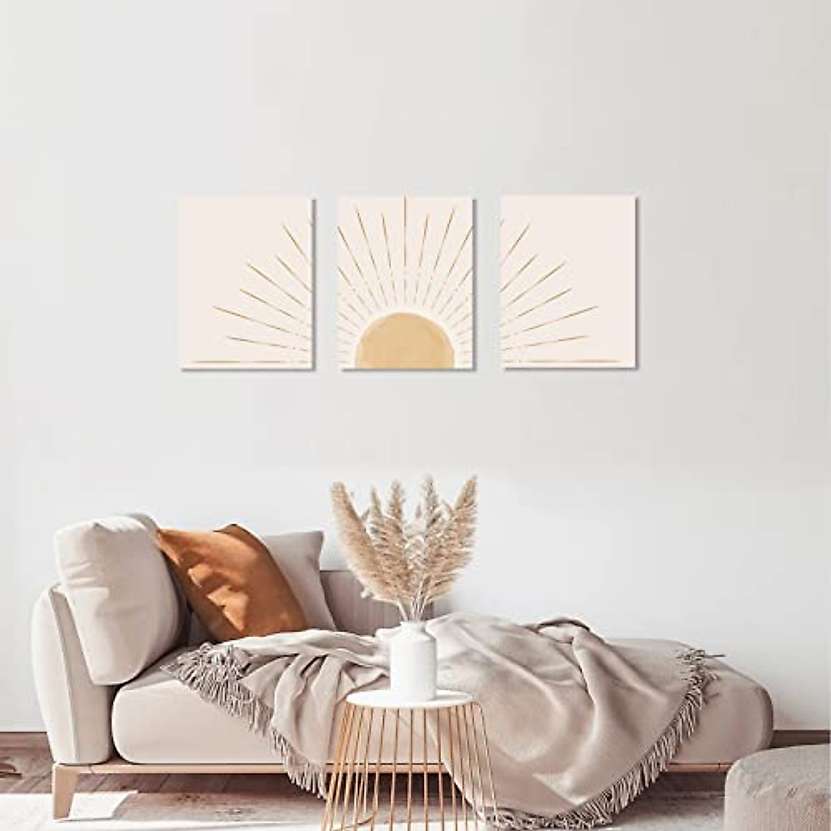 Boho Wall Art Set of 3, Framed Canvas Wall Art Yellow Sun Rising on the Horizon Geometric Nature Illustrations Line Art Wall, Mid-Century Modern Prints Boho Sun Wall Decor for Living Room, Bedroom, Bathroom, Office, 12"x16" Natural
