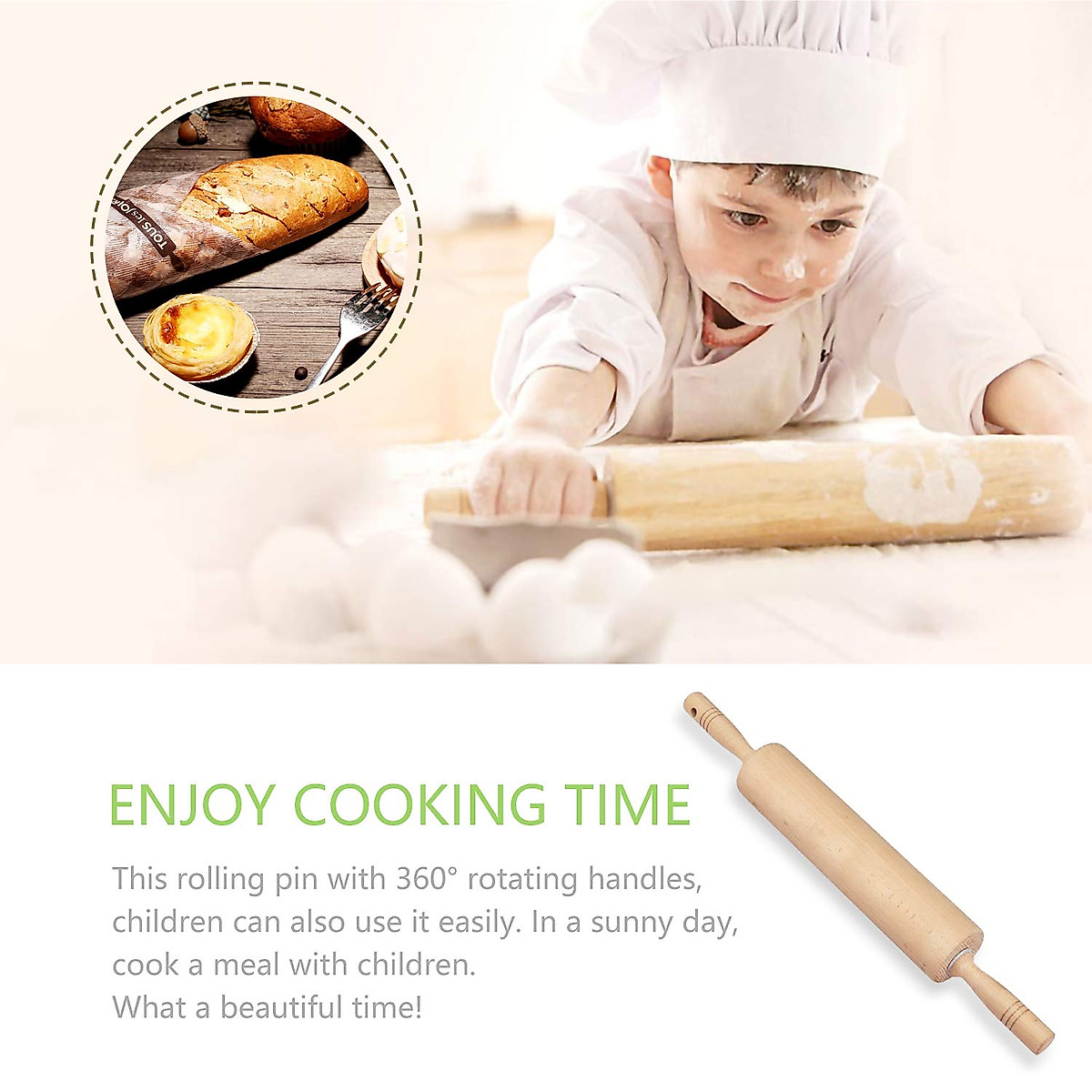 Classic Rolling Pin for Baking 18'' Long - Gifbera Beech Wood Dough Roller Pin with Handles for Bread Pastry Pizza Fondant Pie Crust