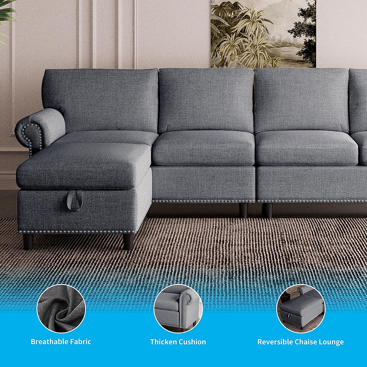 ADOWORE 5 Pieces Sectional Couch Modular Sofa with Reversible Chaise 101" L-Shaped Couch Sofa 4-seat Modular Large Sectional Couch with Ottoman for Living Room, Upholstered Cushion