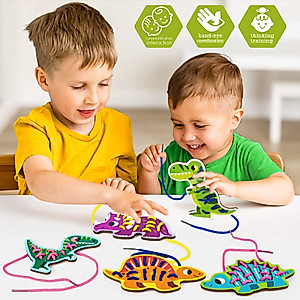 Atoylink 5 Pack Dinosaur Lacing Cards Wooden Threading Lacing Toy for Toddlers Travel Toys Preschool Games Fine Motor Skills Educational Toys for 3+ Year Old Kids Gifts