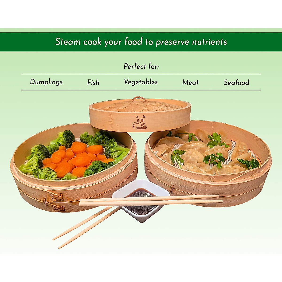 Bold Living 10 Inch Bamboo Steamer Basket, 2 Tier Natural Sustainable Food Cooker for Dumplings, Vegetables, Tamales, Seafood, Bao Buns with 2 Reusable Nonstick Liners, 2 Pair Chopsticks, 1 Sauce Dish