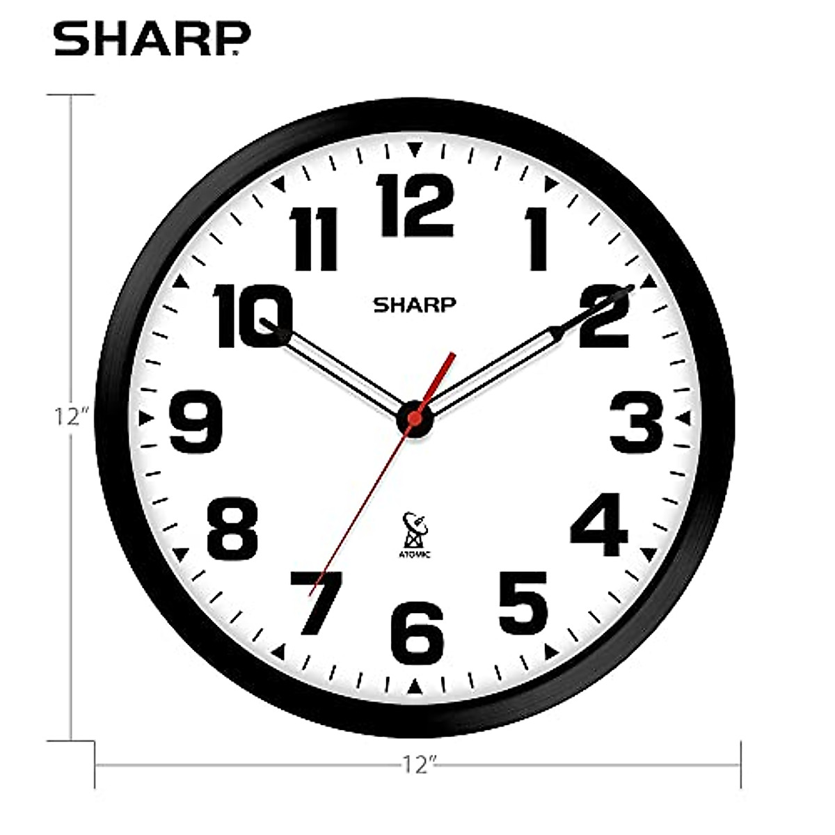 SHARP Atomic Analog Wall Clock - 12" Black Stylish Frame - Sets Automatically- Battery Operated - Easy to Read - Easy to Use – Modern Design and Style