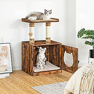 HOOBRO Litter Box Enclosure with Cat Tree Tower, Litter Box Furniture Hidden with Cute Entrance, Private Washroom with Sisal Scratching Posts, Cat Head Door and Large Platform, Rustic Brown BF11MW03