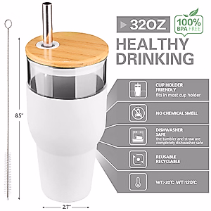 kytffu 32oz Glass Tumbler with Straw and Lid, Reusable Boba Smoothie Cup Iced Coffee Tumbler with Silicone Sleeve, Fits Cup Holder Glass Water Bottle BPA Free, Olive + White