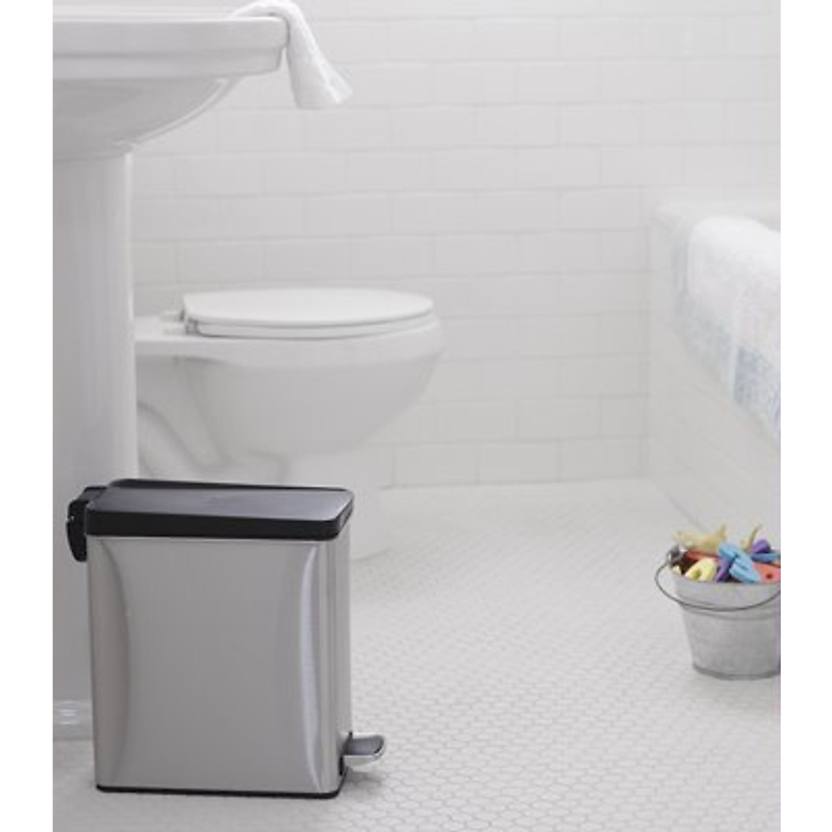 simplehuman 10 Liter / 2.6 Gallon Bathroom Slim Profile Trash Can, Brushed Stainless Steel with Plastic Lid