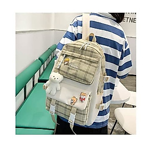 Mordelar 5Pcs Canvas School Backpack Combo Set with Kawaii Bear Pendant Cute Pins Plaid Check Handle Shoulder Tote Bag Schoolbag (Khaki)
