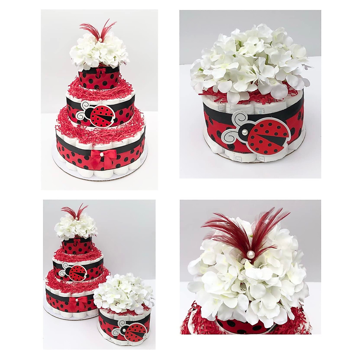 Diaper Cake - Ladybug Style - Neutral - Baby Shower - Centerpiece -3 Tier Cake - Gift