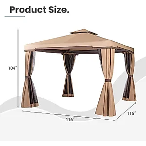 SUNCROWN 10 x 10 FT Outdoor Gazebo for Patio Iron Frame Garden Permanent Gazebo with Vented Soft Canopy and Mosquito Netting, Brown