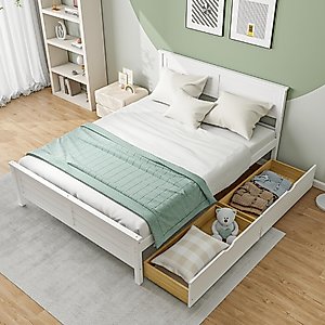 KOMFOTT Full Size Wood Bed Frame with 2 Storage Drawers, Mid Century Platform Bed Frame with Headboard, Sturdy Wooden Slats Support, Modern Mattress Foundation, No Box Spring Required, Easy Assembly