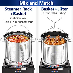 ARC 52QT Stainless Steel Stockpot for Turkey Fryer Seafood Boiler Crawfish Pot with Basket and Steamer Rack, Outdoor Cooking Pot for Crab Lobster Shrimp Boiling, and Tamales Steamer, 13 Gal