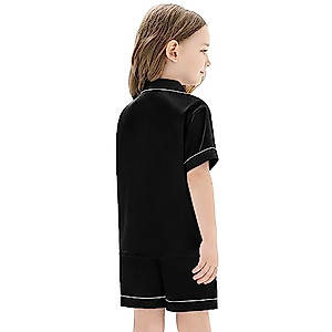 SWOMOG Kids Satin Pajama Set Size 6-7 Girls Boys Button Down Sleepwear Silk Pjs Set Short Sleeve 2 Pcs Summer Outfits Shorts Set Black