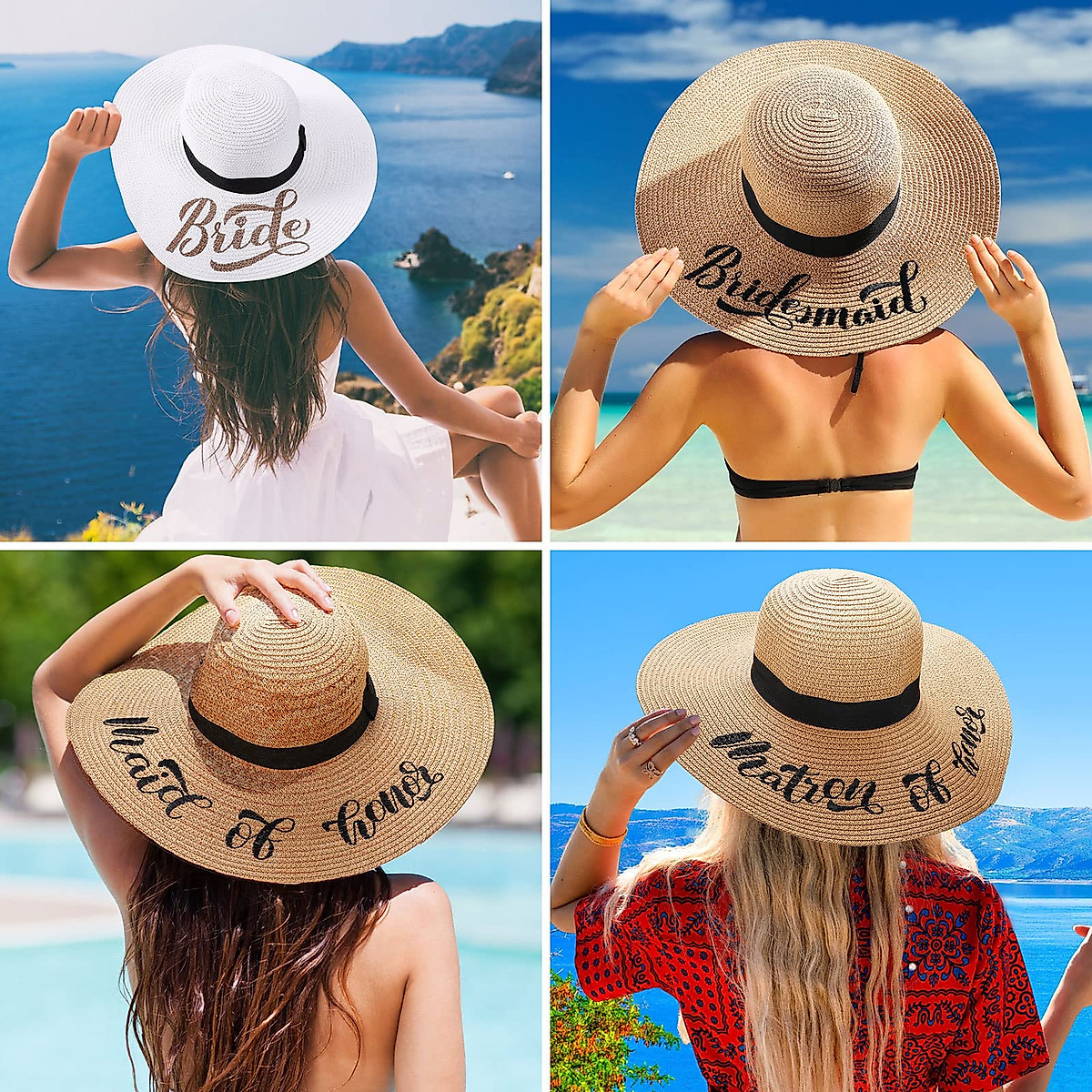 7 Pcs Bride and Bridesmaid Sun Hat Bulk Women Hat Foldable Floppy Sun Hat for Bachelorette Party Gift Honeymoon (Cute Style) White, Beige