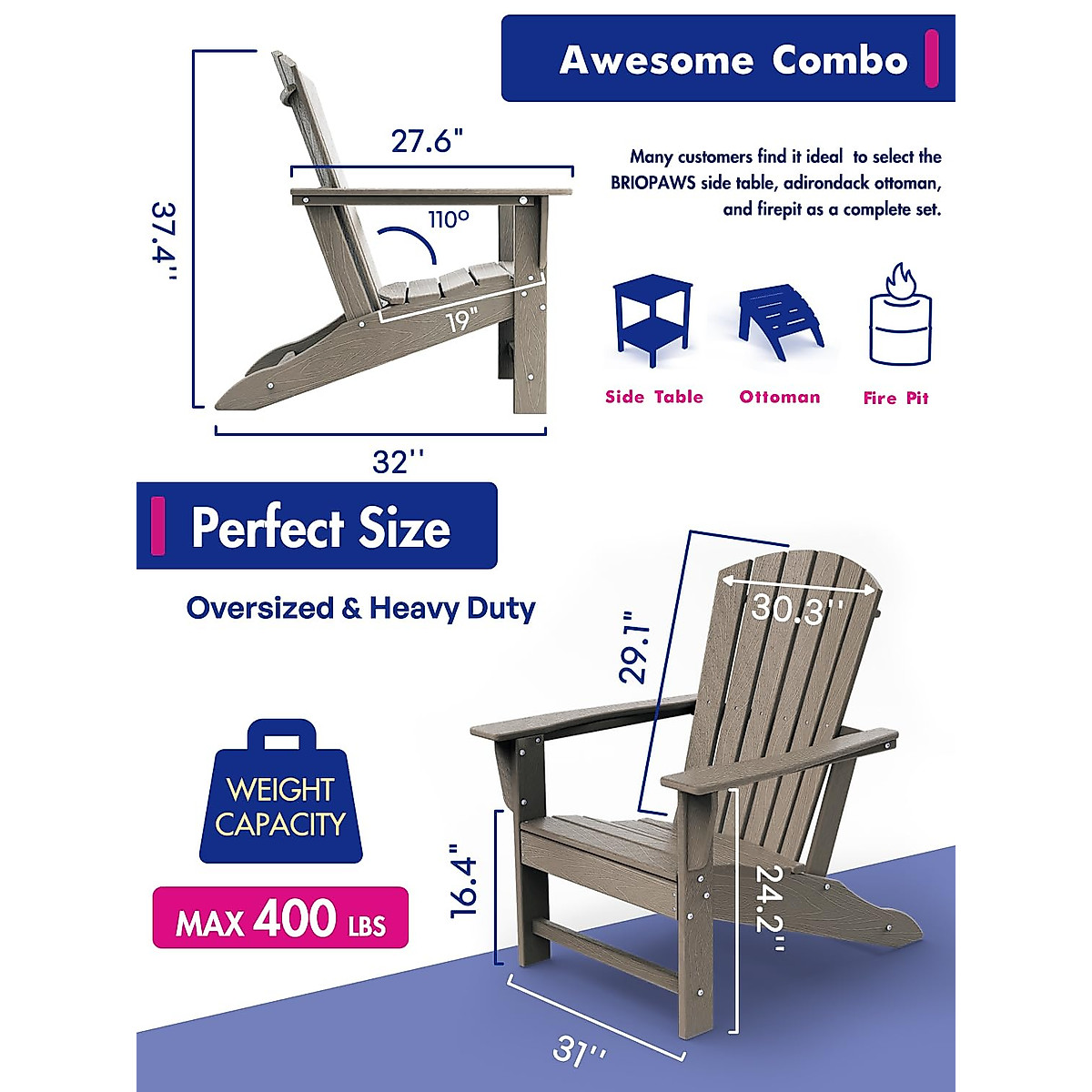 BRIOPAWS Adirondack-Chairs-Set of 2 | Wood Grain | Fire Pit Chair | Oversized | HDPE Plastic | Weather Resistant | for Deck Outdoor Poolside Campfire