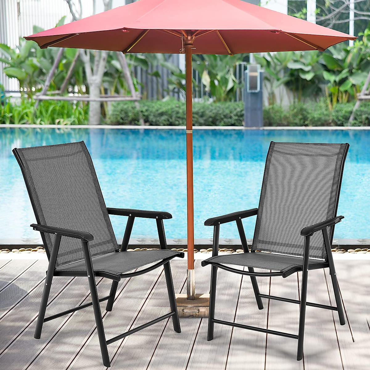 Tangkula Set of 4 Patio Folding Chairs, Fabric Dining Chairs with High Back & Armrests, Portable Camping Lounge Chairs with Sturdy Metal Frame, Outdoor Sling Chairs for Patio Lawn Garden (Grey)