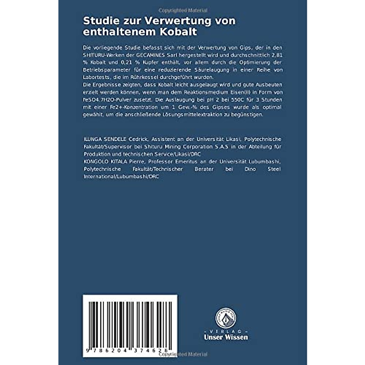 Studie zur Verwertung von enthaltenem Kobalt: im Gips der Shituru-Fabriken (German Edition)