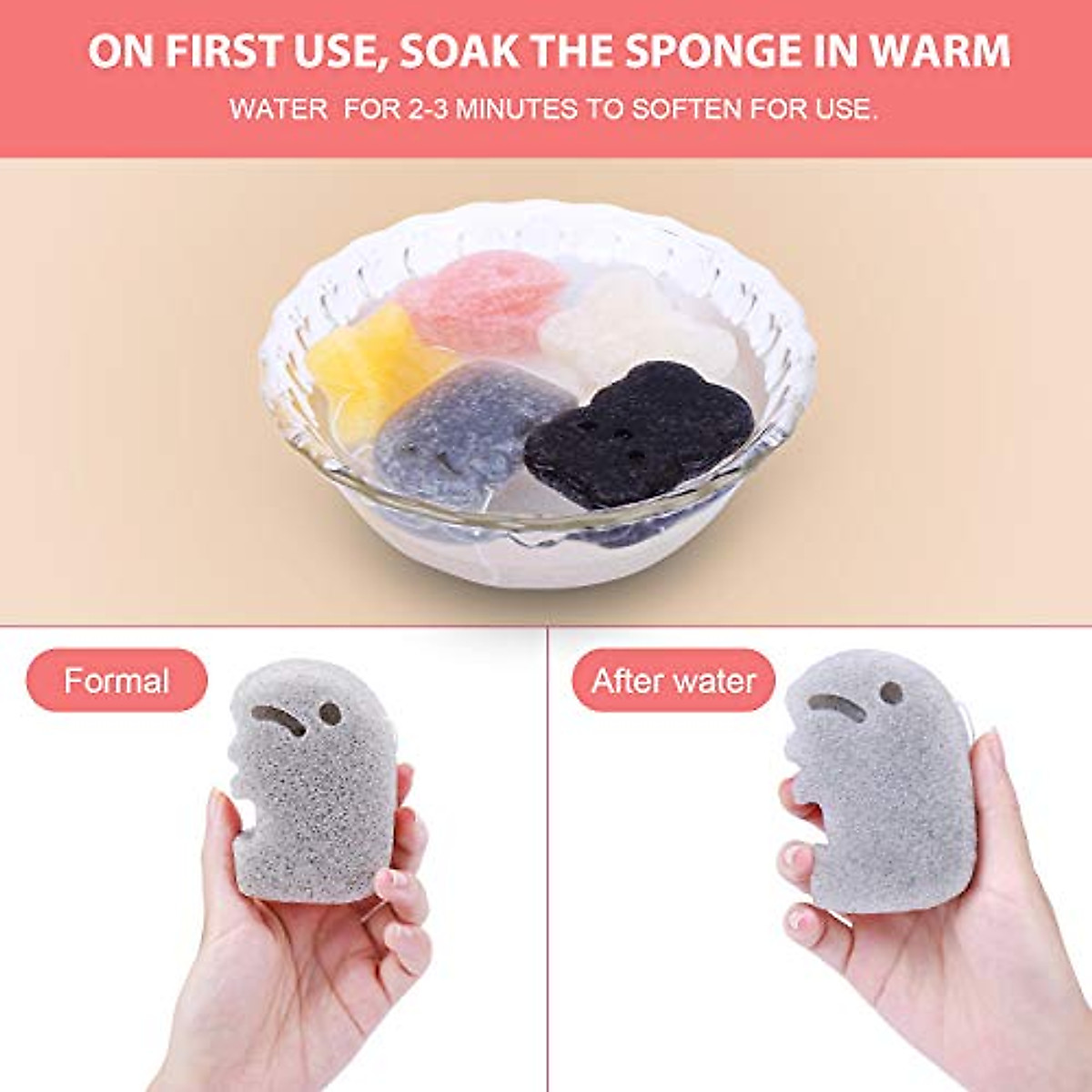 KECUCO Konjac Baby Sponge for Bathing, Natural Kids Bath Sponges for Infants, Toddler Bath Time, Cute Shapes Natural and Safe Plant-Based Konjac Baby Bath Accessories, 5pcs