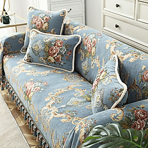 AiWinsure Couch Cover Blanket with Tassels Sofa Covers Loveseat Armchair Sectional Furniture Slipcover for Dogs Cats 3 Cushion Chenille Jacquard Flower One Piece (Blue,4 Seater-190 * 350cm)