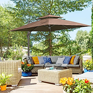 Outsunny 10FT Cantilever Patio Umbrella with Solar LED Lights, Double Top Square Outdoor Offset Umbrella with 360° Rotation, 4-Position Tilt, Crank & Cross Base for Garden, Deck, Pool, Brown