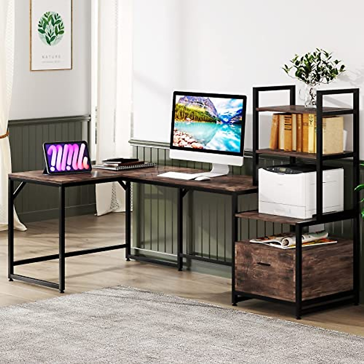 Tribesigns L-Shaped Desk with File Drawer, Reversible Corner Computer Desk with 3-Tier Storage Shelves, 85.4 inches Office Desk Computer Table Workstation for Home Office