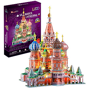 CubicFun LED Russia Cathedral 3D Puzzles for Adults Kids, St.Basil's Cathedral Architecture Building Church Model Kits Toys for Teens, 224 Pieces