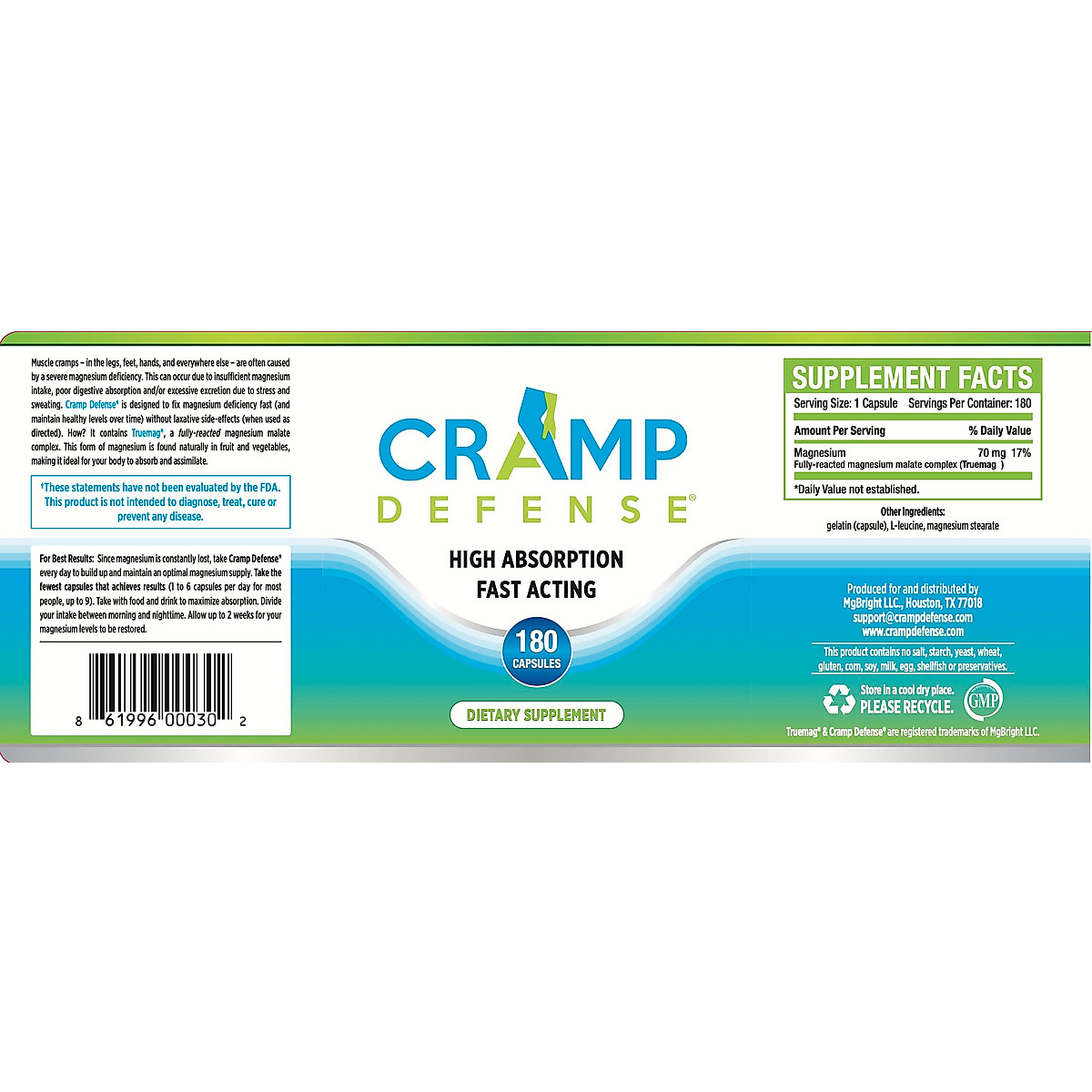 Cramp Defense® Magnesium for Leg Cramps, Muscle Cramps & Muscle Spasms. End Them Fast and Permanently. Organic Magnesium, Non-Laxative, NO Magnesium Oxide OR Herbs! Big 180 Capsule Bottle.