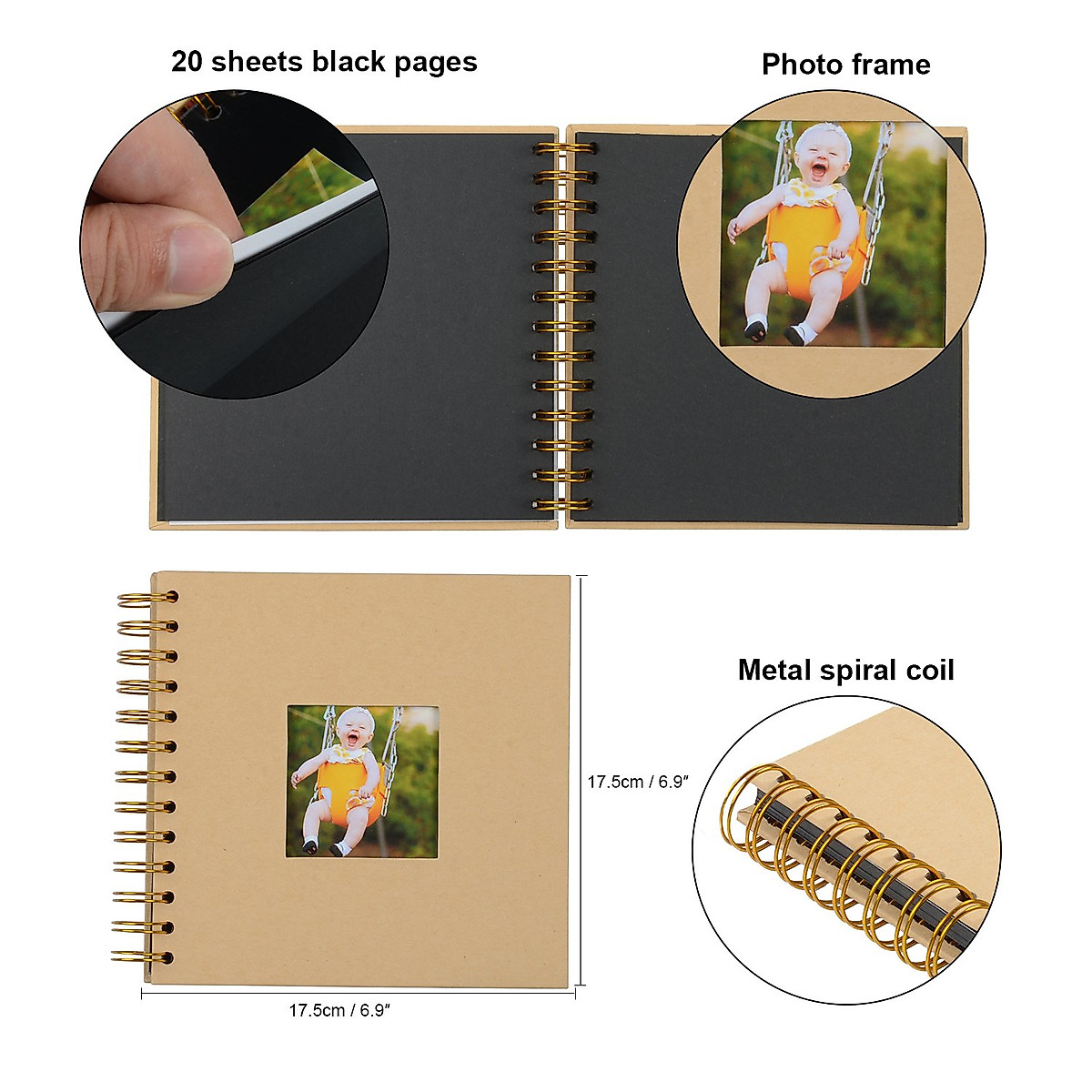 Scrapbook Photo Album Black Paper Pages DIY Scrapbook Album Wedding Anniversary Baby Family Memory Gift 7x7 Inches Scrapbook Brown with 2pcs Stickers