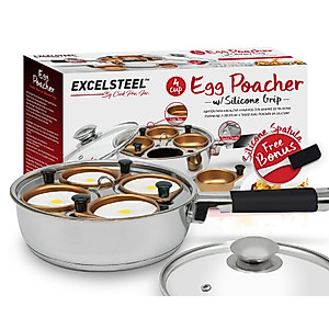 ExcelSteel Non Stick Easy Use Rust Resistant Home Kitchen Breakfast Brunch Induction Cooktop Egg Poacher, 4 Cup, Gold Tone